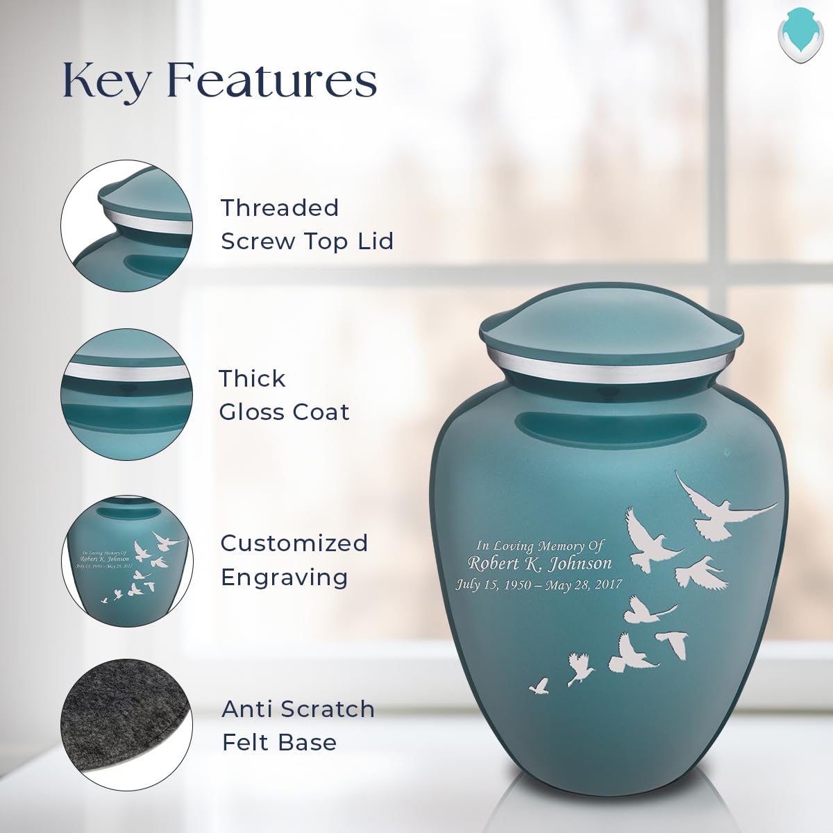 Geturns Embrace Adult Personalized Doves Cremation Urns for Human Ashes I Large Teal Funeral Urn for Men and Women I 200 lbs