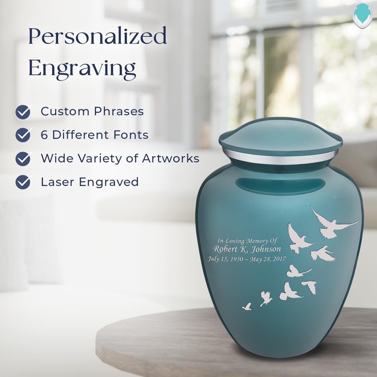 Geturns Embrace Adult Personalized Doves Cremation Urns for Human Ashes I Large Teal Funeral Urn for Men and Women I 200 lbs