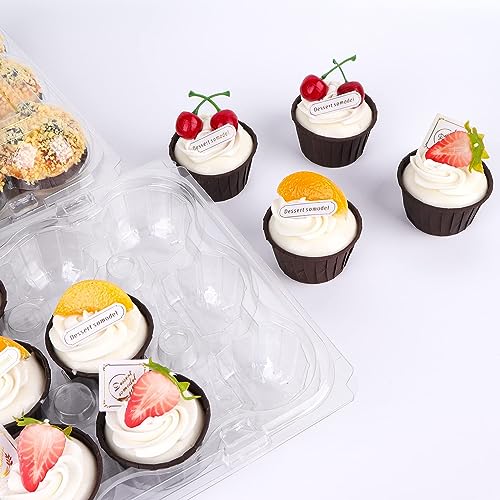 AUKUS (12 packs X 12 sets Cupcake Containers, Cupcake Carrier Holders,Deep Dome, Transparent Disposable with 150 Pack Cupcake liners and 15 forks