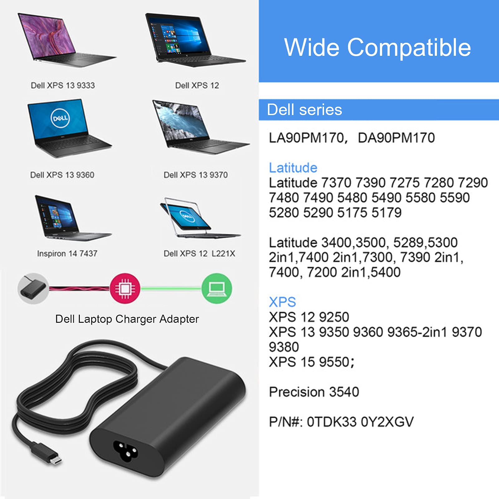 Mackertop Replacement 90W USB C Adapter Charger Compatible with Dell Latitude 11 5175, Latitude 11 5179, Latitude 12 7275, Latitude 13 7370, Dell XPS 12 9250, LA90PM170 0TDK33 TDK3