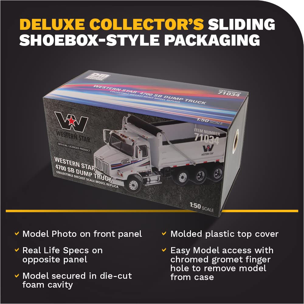 Diecast Masters Western Star 4700 SB Dump Truck - White | Real Truck Specifications, Tandem with Lift Axle and Dump | 1:50 Scale Model Semi Trucks | Diecast Model 71034