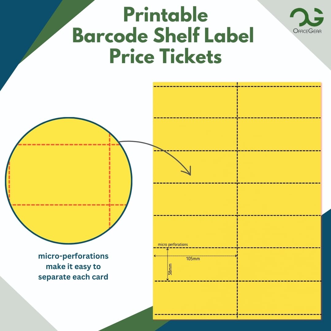 OfficeGear Yellow Shelf Edge Labels 14-up [25 Sheets - 350 Pack] 38x105mm Printable A4 Perforated Labels for Retail Barcodes, Price Stickers, Point of Sale, POS, Shelf Promotions Incl Template