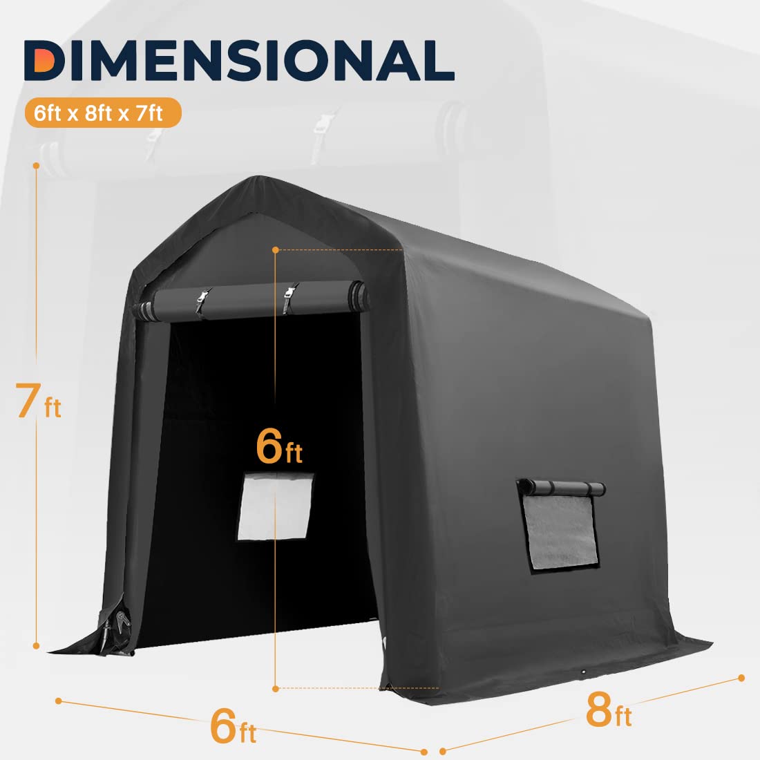 PEAKTOP OUTDOOR 6x8 ft Heavy Duty Anti-Snow Storage shelter, Waterproof Portable Storage Shed with Front and Rear Roll-Up Zipper Entry Doors and 2 Roll-Up Side Windows, Gray
