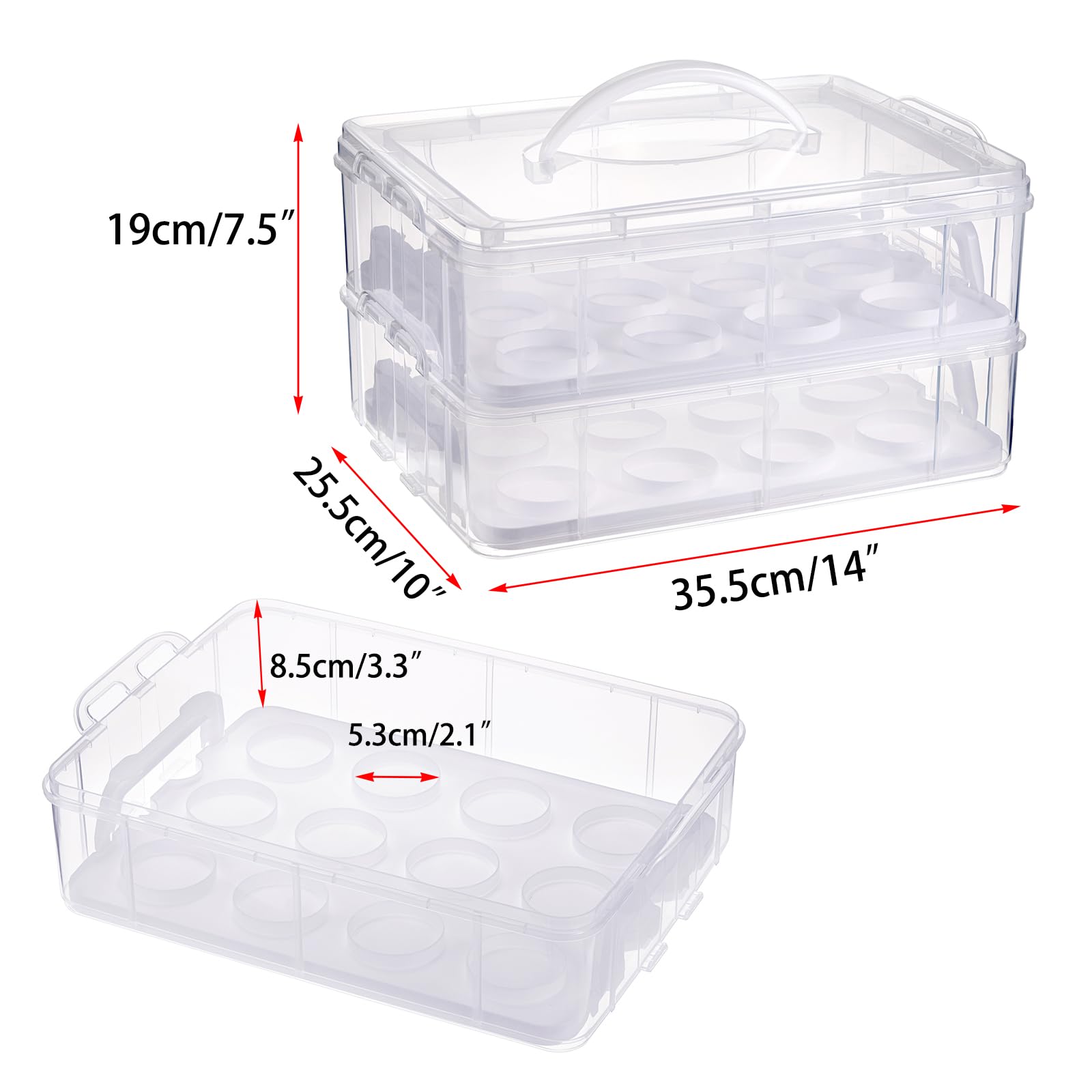 BTSKY 2 Tier Clear Plastic Cupcake Holder with Lid & Handles, Portable Cupcake Carrier for 24 Cupcakes, Stackable Cupcake Storage Container with Convenient Slot Tray Large Plastic Storage Box, White