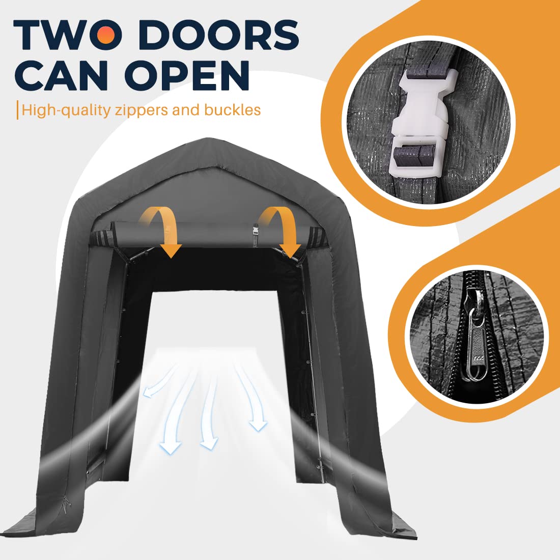 PEAKTOP OUTDOOR 6x8 ft Heavy Duty Anti-Snow Storage shelter, Waterproof Portable Storage Shed with Front and Rear Roll-Up Zipper Entry Doors and 2 Roll-Up Side Windows, Gray