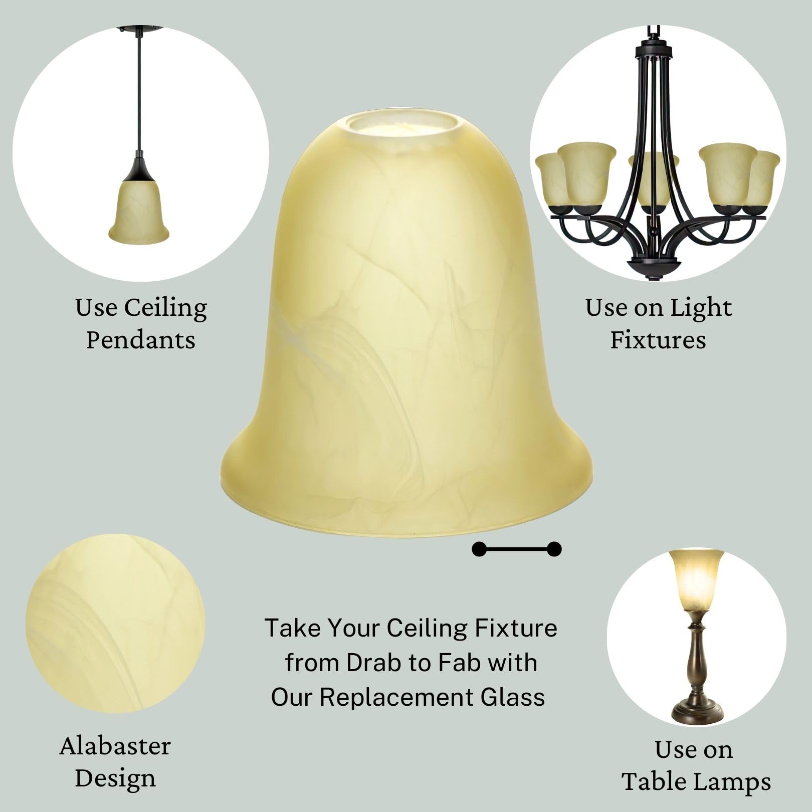 LIGHTACCENTS Alabaster Glass Pendant Light Shade - Farmhouse Style Chandelier Shades, 6"x6", Socket Nut Compatible - Upgrade Pendants, Wall Vanities, Lamps - Pendant Lamp Shade Replacement