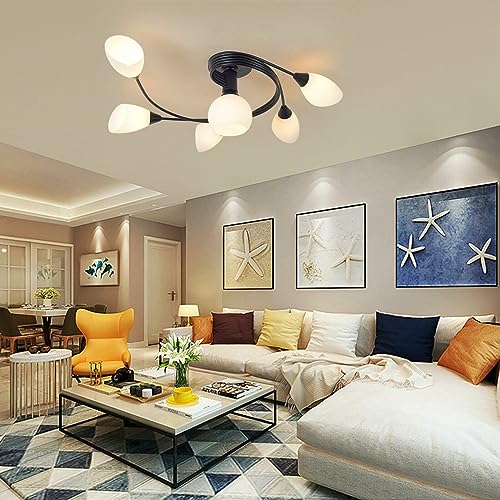 WEYUN Rustic Ceiling Lights Chandelier 6-Light Living Room Bedroom Office Pendant Lamp Fixture Modern Industrial Alabaster Glass Shades Ceiling Light Lamp for Dining Room