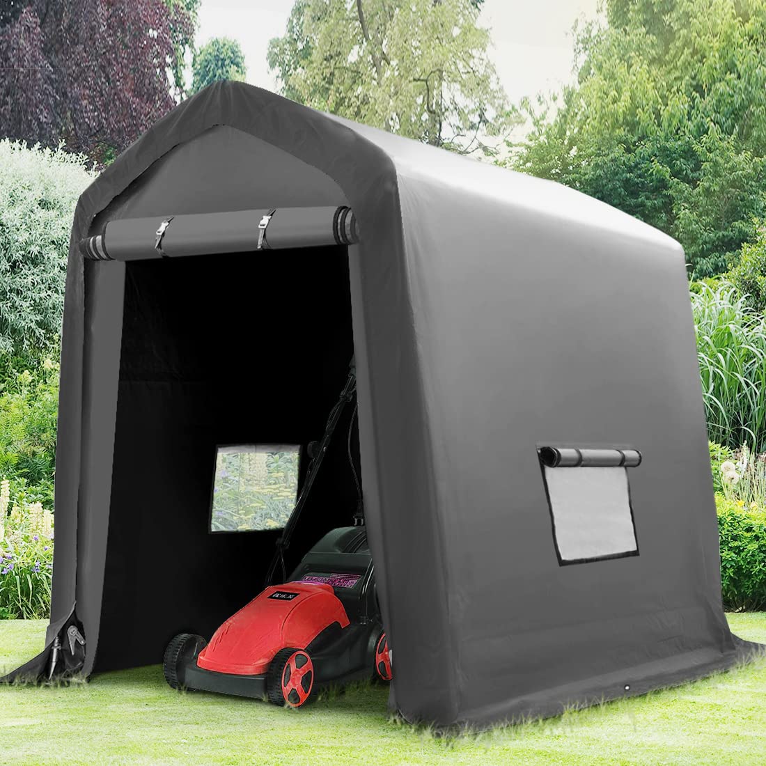 PEAKTOP OUTDOOR 6x8 ft Heavy Duty Anti-Snow Storage shelter, Waterproof Portable Storage Shed with Front and Rear Roll-Up Zipper Entry Doors and 2 Roll-Up Side Windows, Gray