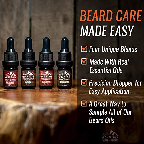 Beard Oil Sample Size Pack - 4 Unique Beard Oil Varieties (0.17 oz each) - Cedarwood, Sandalwood, Bamboo & Unscented β Contains Essential Oils