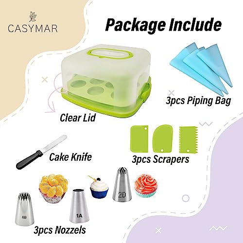 CASYMAR Portable Cake Carrier with 12 Cupcake Holder with Lid- Plastic Cake Containers with Lids Includes Knife & Accessories-Two Sided Base for Snacks Cookies Nuts Fruit etc-Suitable for 12-inch Cake