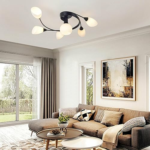 WEYUN Rustic Ceiling Lights Chandelier 6-Light Living Room Bedroom Office Pendant Lamp Fixture Modern Industrial Alabaster Glass Shades Ceiling Light Lamp for Dining Room