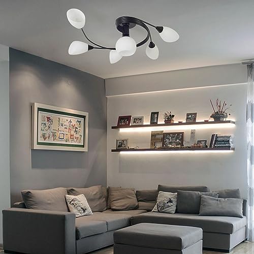 WEYUN Rustic Ceiling Lights Chandelier 6-Light Living Room Bedroom Office Pendant Lamp Fixture Modern Industrial Alabaster Glass Shades Ceiling Light Lamp for Dining Room