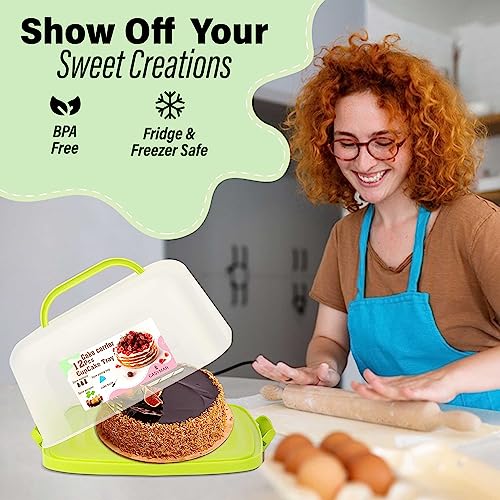 CASYMAR Portable Cake Carrier with 12 Cupcake Holder with Lid- Plastic Cake Containers with Lids Includes Knife & Accessories-Two Sided Base for Snacks Cookies Nuts Fruit etc-Suitable for 12-inch Cake