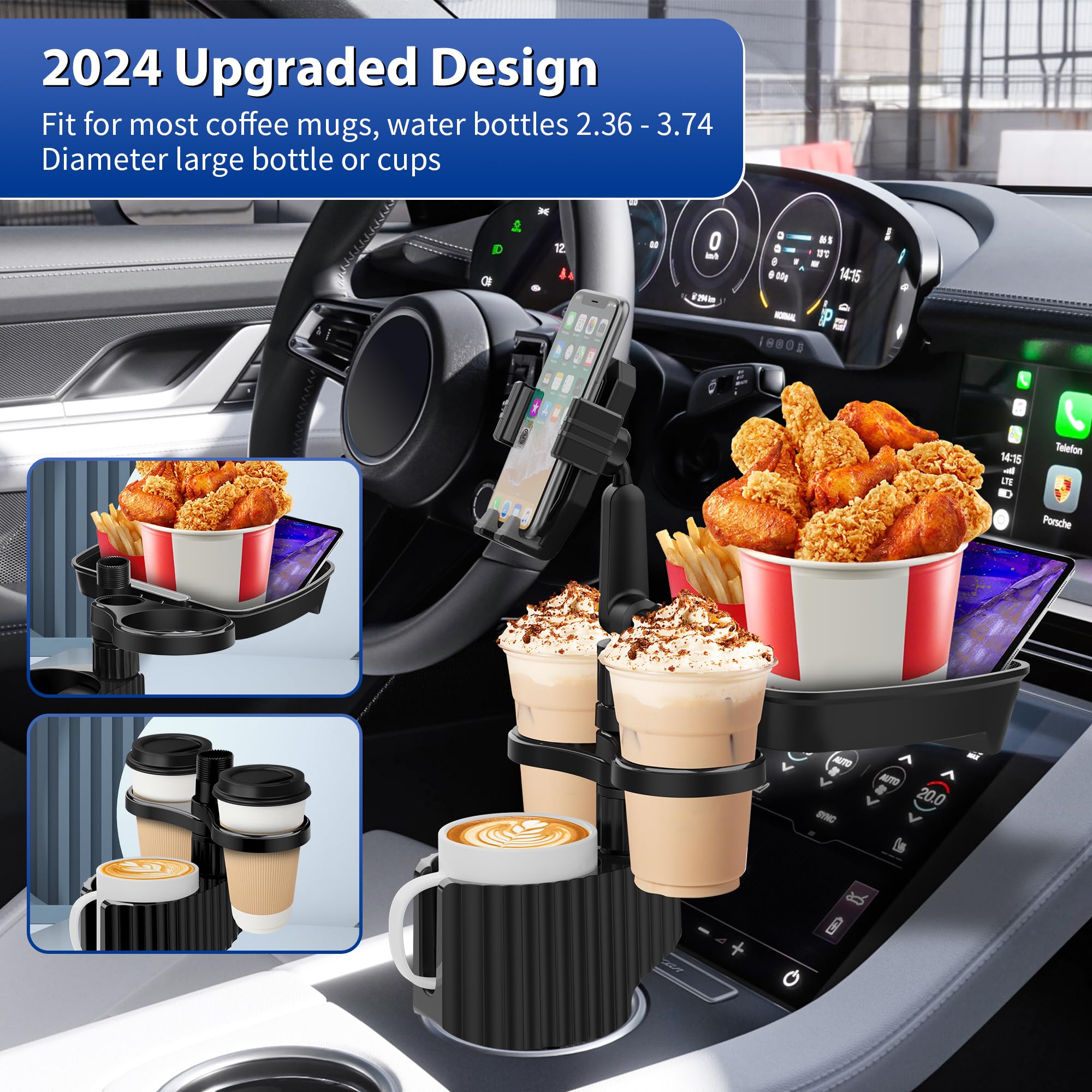 wranzgao Car Cup Holder Extender Tray,4-in-1 Removable Car Food Tray,Three Cup Holders and Width Adjustable Swivel Phone Holder ,Additional widening Pads Make it Suitable for Most car Models. (AZ002)