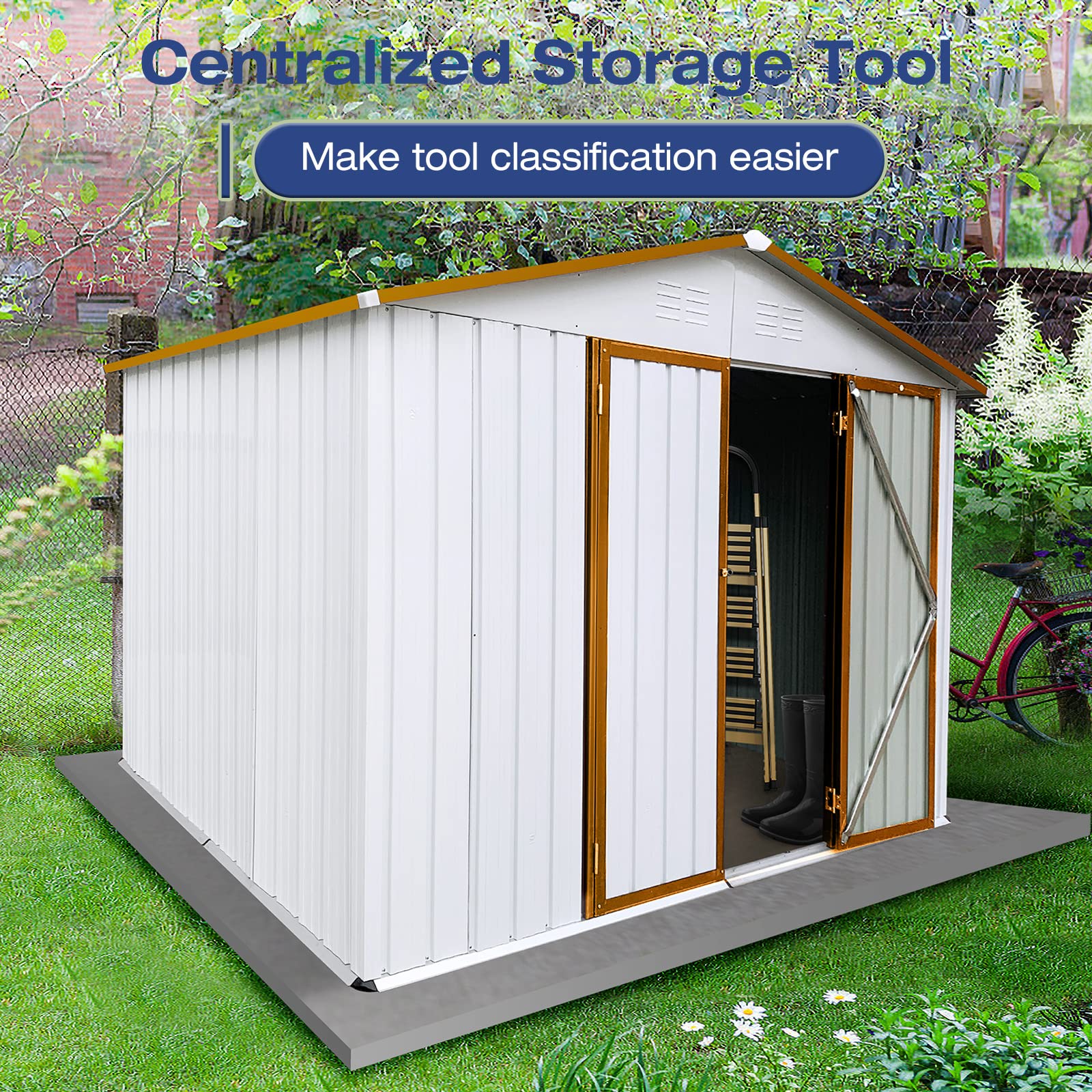 Lyromix 8' × 6' Metal Outdoor Storage Shed with Door & Lock, Waterproof Garde Storage Tool Shed with Base Frame for Backyard Patio,White-Yellow