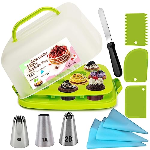 CASYMAR Portable Cake Carrier with 12 Cupcake Holder with Lid- Plastic Cake Containers with Lids Includes Knife & Accessories-Two Sided Base for Snacks Cookies Nuts Fruit etc-Suitable for 12-inch Cake