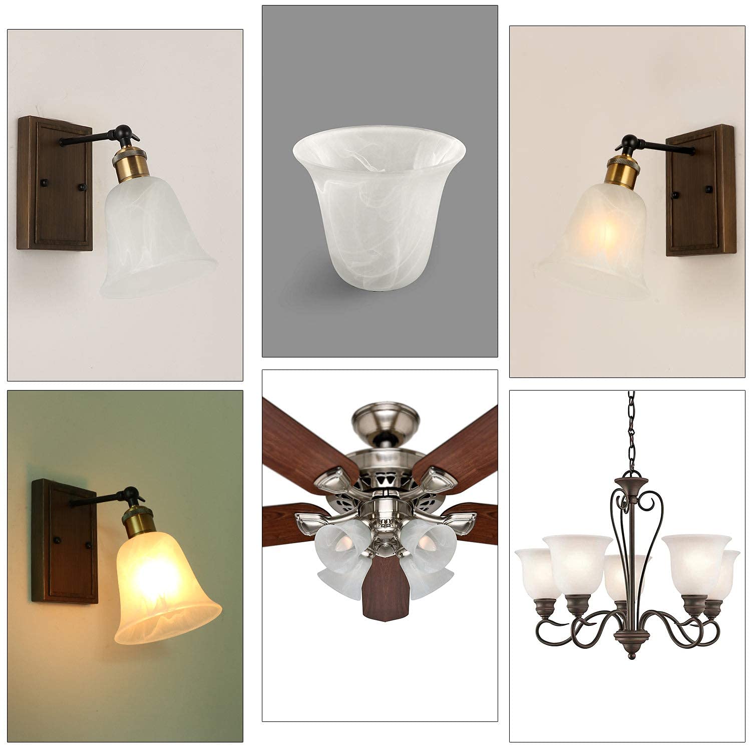 Eumyviv Bell Shaped Alabaster Glass Lamp Shade Replacement with 1-5/8-inch Fitter Opening for Ceiling Fan Light Kit Wall Sconce Pendant Light Fixture (6pcs Alabaster Glassed)