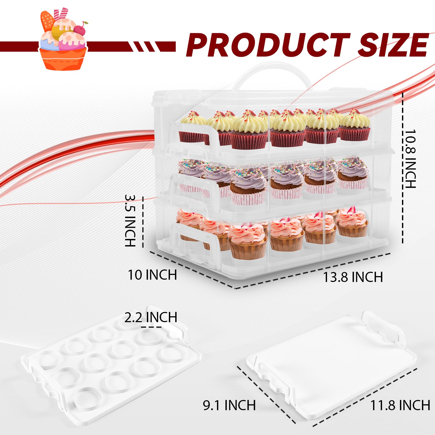 LEPump Cupcake Carrier, 3-Tiers Cupcake Containers, Holds 36 Cupcakes or 3 Large Cakes, Cupcake Holder, Cupcake Box with Lid and Handle (White, Basic)