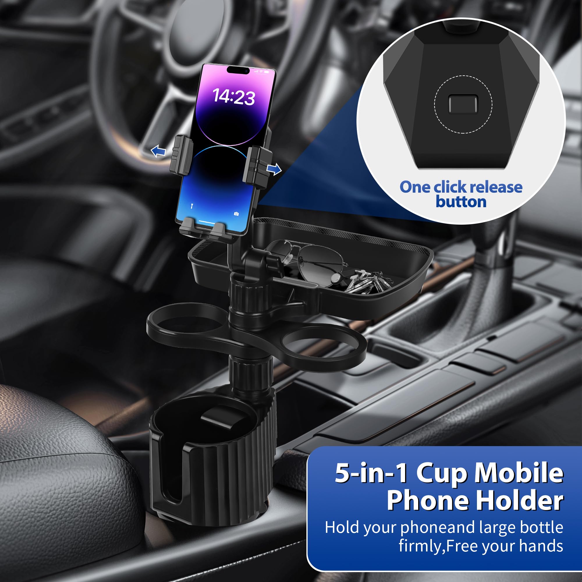 wranzgao Car Cup Holder Extender Tray,4-in-1 Removable Car Food Tray,Three Cup Holders and Width Adjustable Swivel Phone Holder ,Additional widening Pads Make it Suitable for Most car Models. (AZ002)