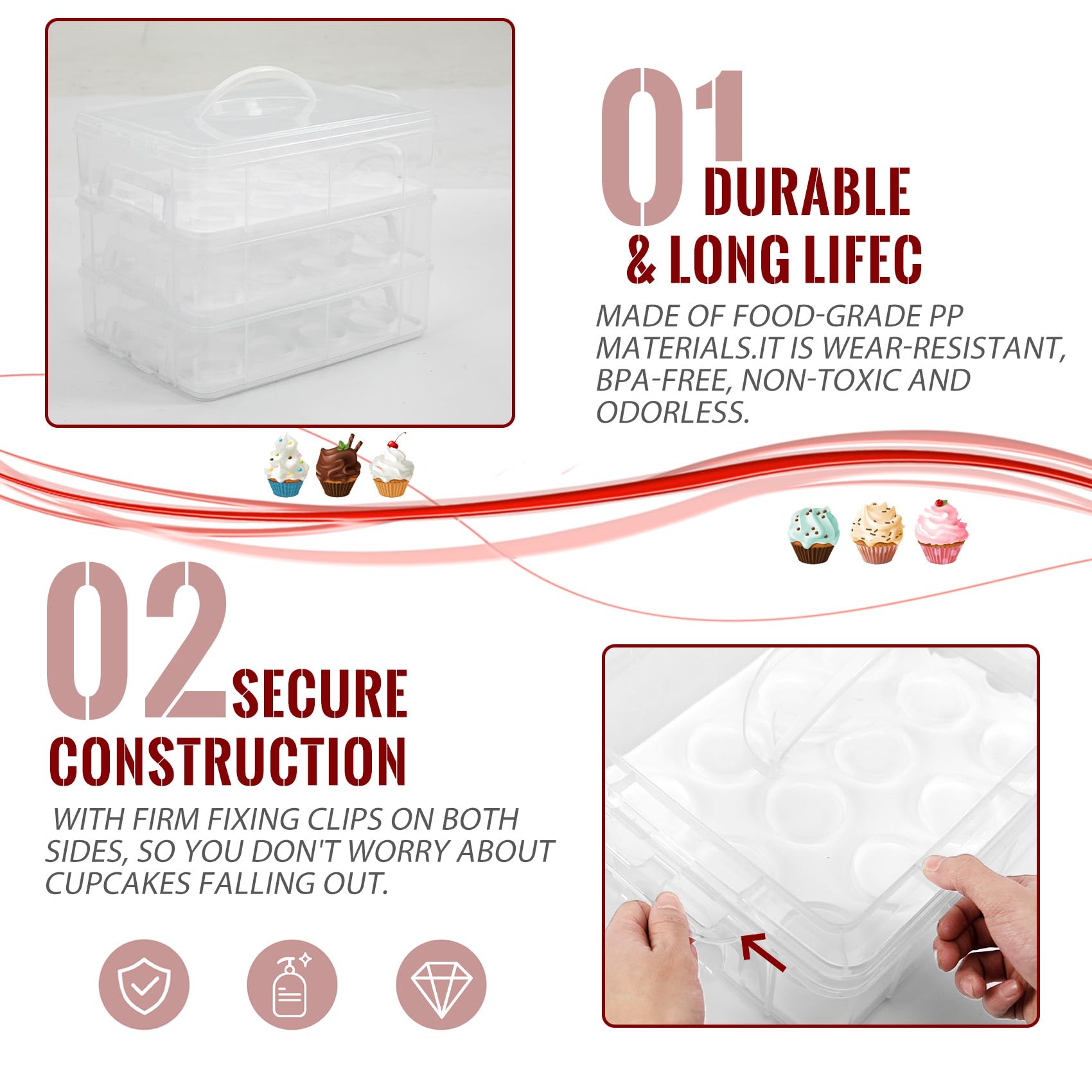 LEPump Cupcake Carrier, 3-Tiers Cupcake Containers, Holds 36 Cupcakes or 3 Large Cakes, Cupcake Holder, Cupcake Box with Lid and Handle (White, Basic)