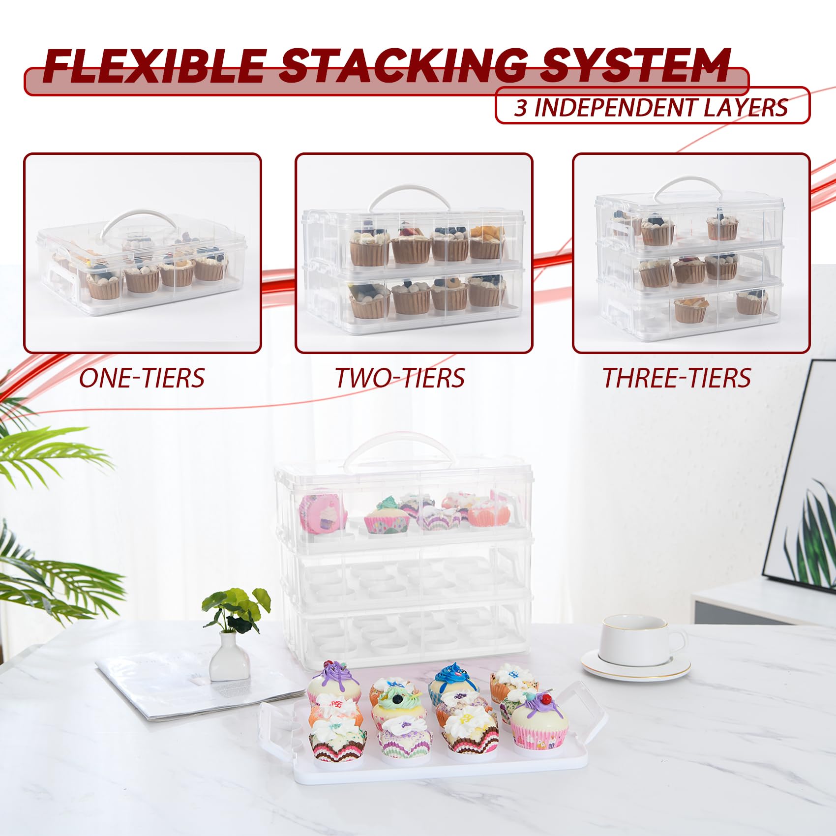 LEPump Cupcake Carrier, 3-Tiers Cupcake Containers, Holds 36 Cupcakes or 3 Large Cakes, Cupcake Holder, Cupcake Box with Lid and Handle (White, Basic)
