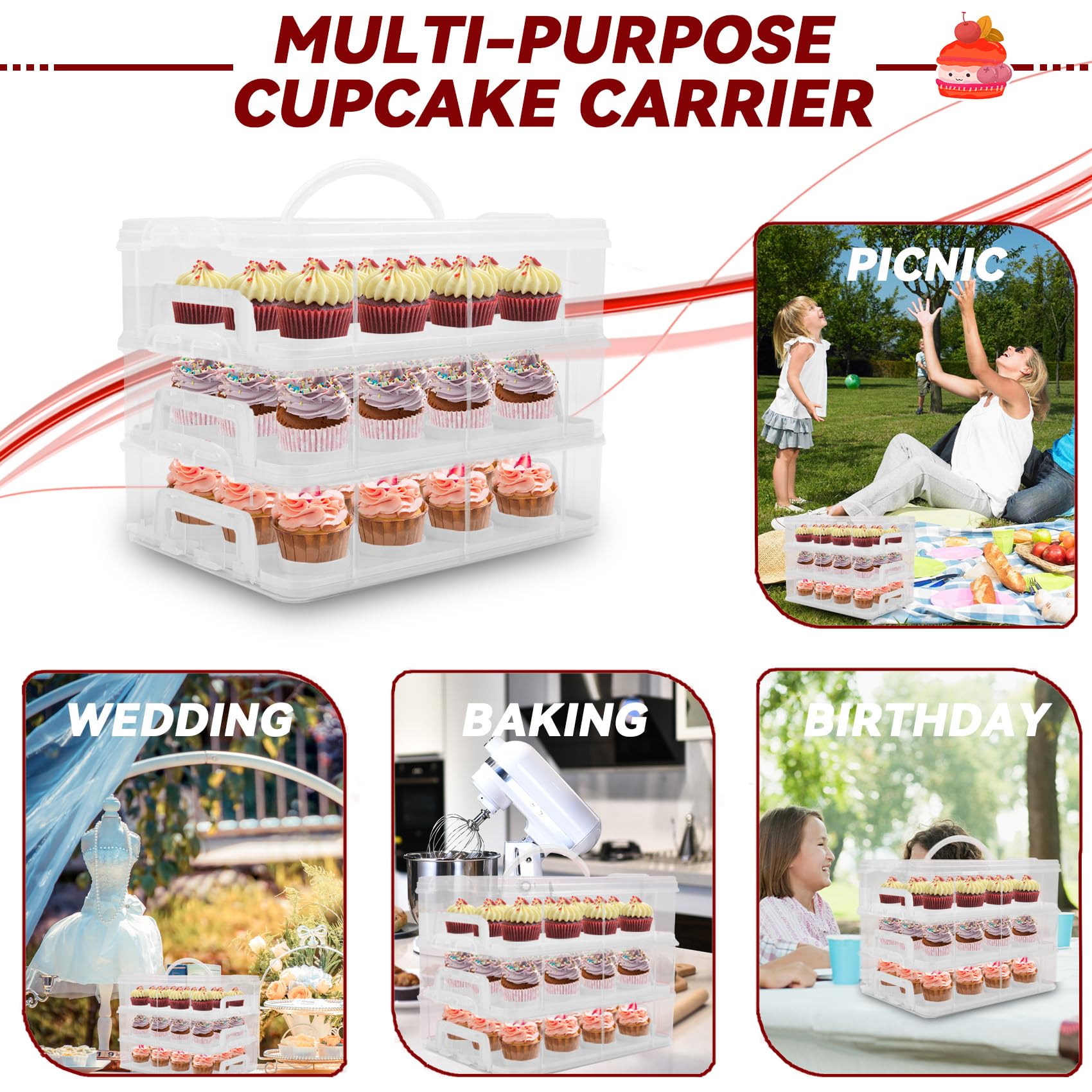 LEPump Cupcake Carrier, 3-Tiers Cupcake Containers, Holds 36 Cupcakes or 3 Large Cakes, Cupcake Holder, Cupcake Box with Lid and Handle (White, Basic)