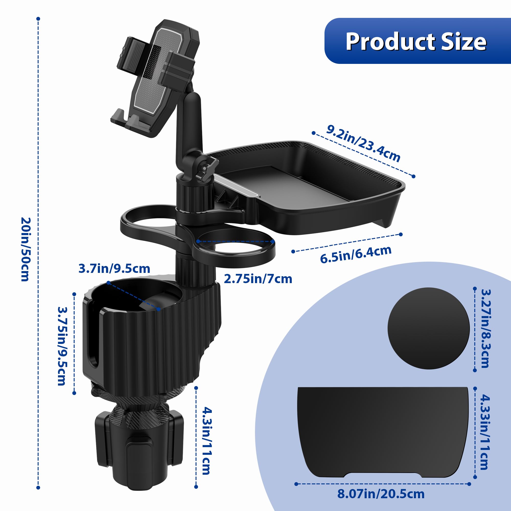 wranzgao Car Cup Holder Extender Tray,4-in-1 Removable Car Food Tray,Three Cup Holders and Width Adjustable Swivel Phone Holder ,Additional widening Pads Make it Suitable for Most car Models. (AZ002)