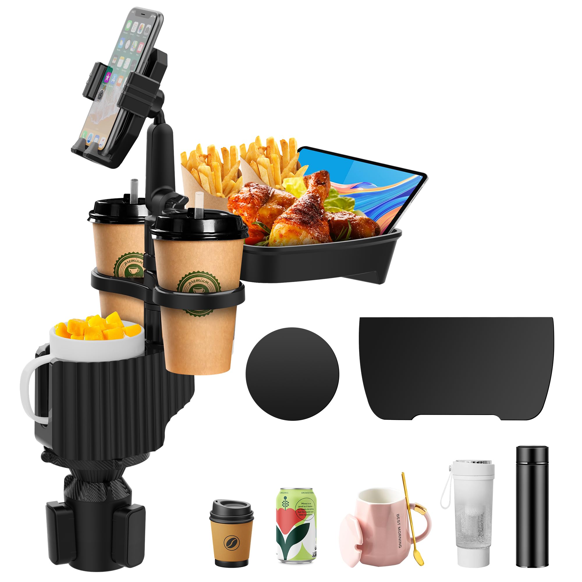 wranzgao Car Cup Holder Extender Tray,4-in-1 Removable Car Food Tray,Three Cup Holders and Width Adjustable Swivel Phone Holder ,Additional widening Pads Make it Suitable for Most car Models. (AZ002)