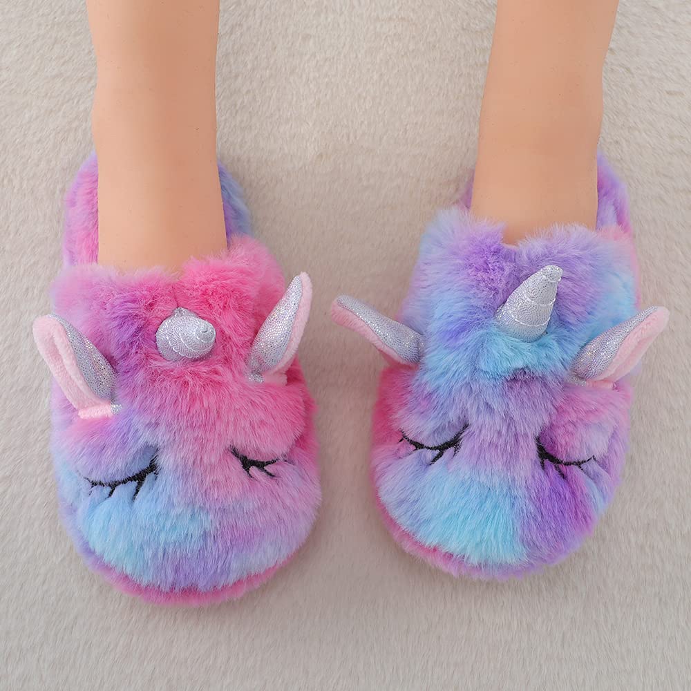 KAKU NANU Kids Slippers Fluffy Slippers Warm Rainbow Slippers Memory Foam Home Slides for Girls Boys(2.5-3.5 big kid)