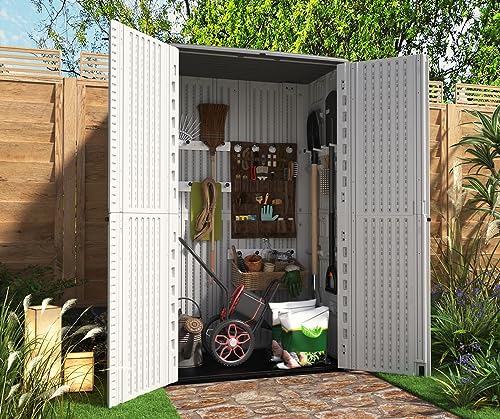 Outdoor Storage Shed,KINYING Outdoor Storage Cabinet Waterproof with Double Doors,52 Cu.ft Resin Vertical Tool Shed for Garden,Patio,Backyard,4×2.5×6.6 FT