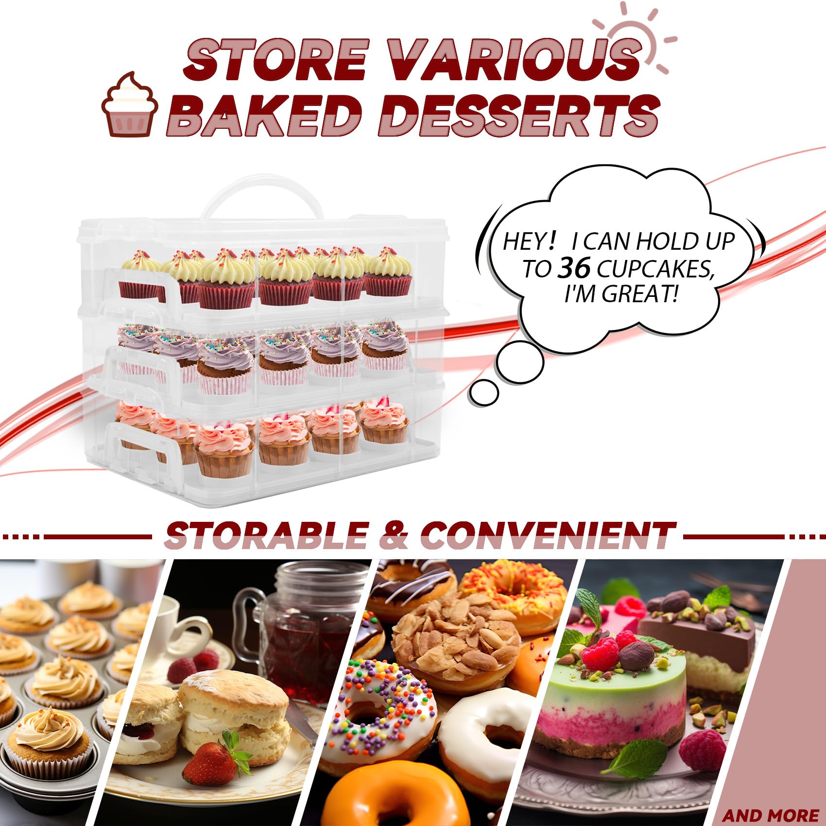 LEPump Cupcake Carrier, 3-Tiers Cupcake Containers, Holds 36 Cupcakes or 3 Large Cakes, Cupcake Holder, Cupcake Box with Lid and Handle (White, Basic)