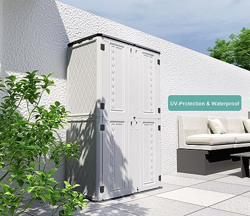 Outdoor Storage Shed,KINYING Outdoor Storage Cabinet Waterproof with Double Doors,52 Cu.ft Resin Vertical Tool Shed for Garden,Patio,Backyard,4×2.5×6.6 FT
