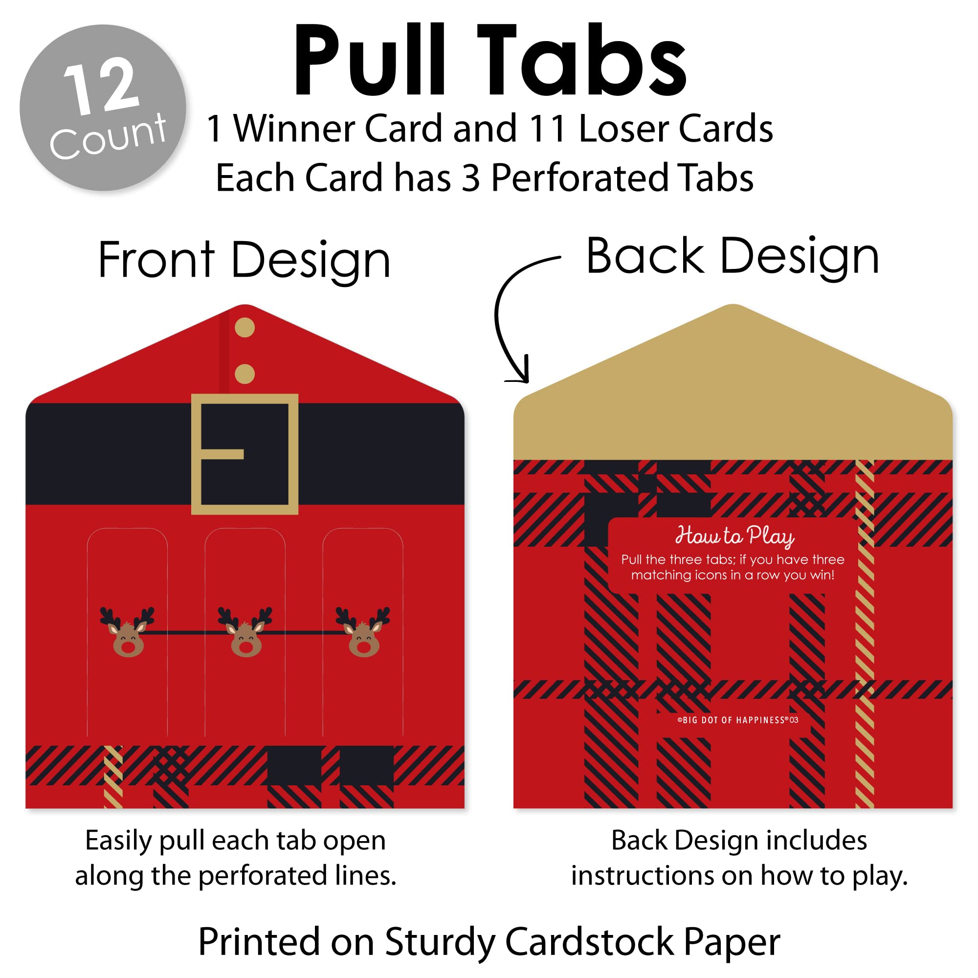 Big Dot of Happiness Jolly Santa Claus - Christmas Party Game Pickle Cards - Pull Tabs 3-in-a-Row - Set of 12