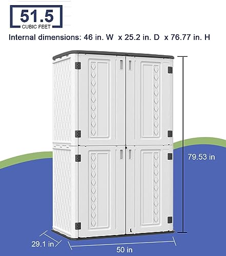 Outdoor Storage Shed,KINYING Outdoor Storage Cabinet Waterproof with Double Doors,52 Cu.ft Resin Vertical Tool Shed for Garden,Patio,Backyard,4×2.5×6.6 FT