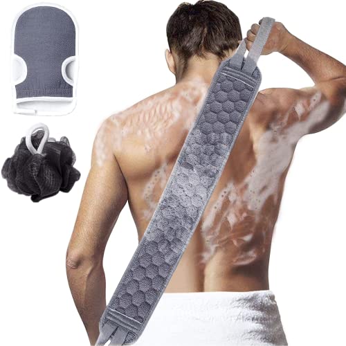 S&R PLKOP Exfoliating Body Scrubber Set - Includes Back Scrubber, Bath Glove and Shower Bath Sponge Loofah - for Women and Men Shower - Deep Clean and Vitalize Your Skin - 3-Pack(36.5*3.7 Inch, Grey)