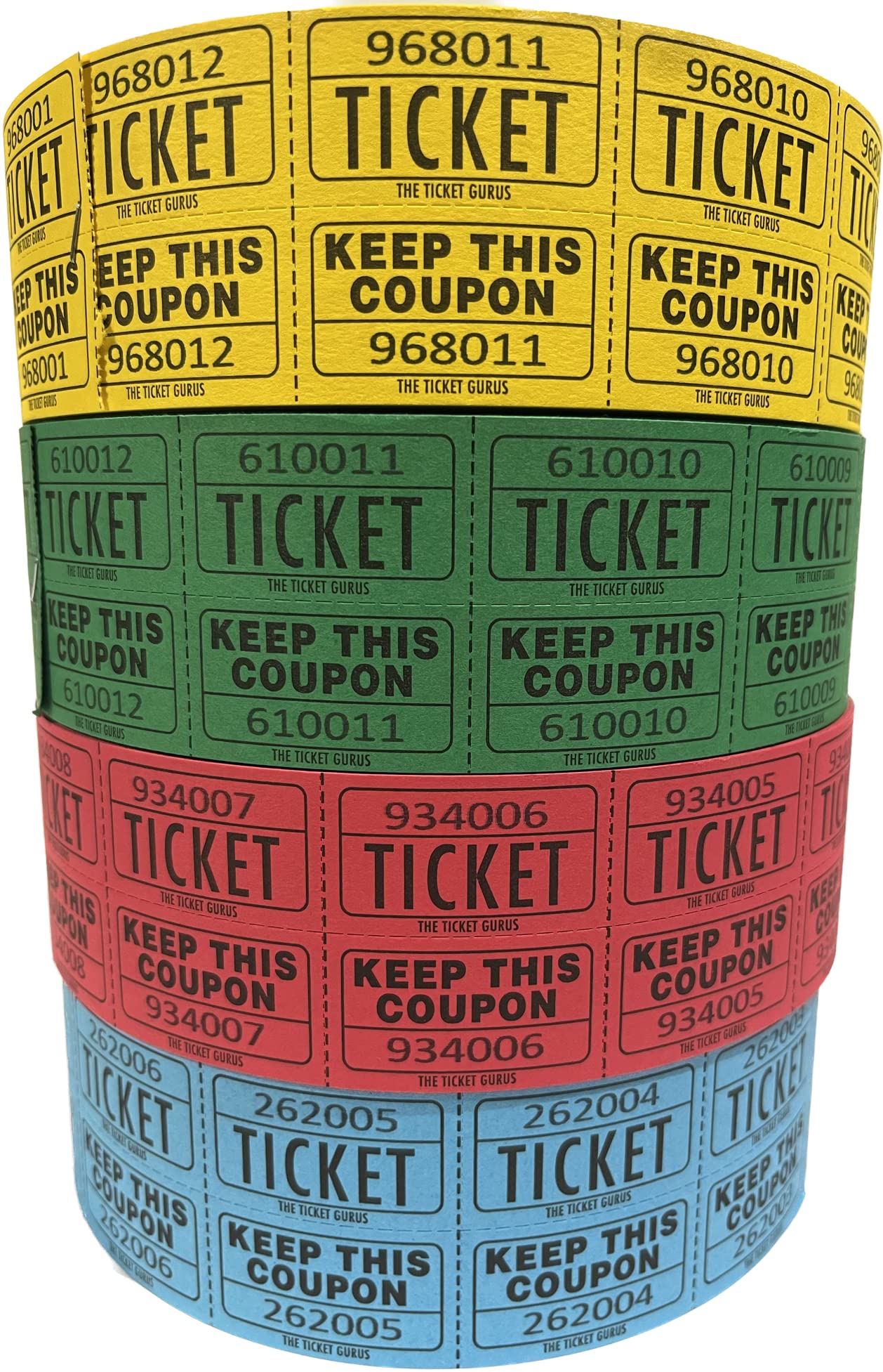 The Ticket Gurus Raffle Tickets - (4 Rolls of 2000 Double Tickets) 8,000 Total 50/50 Raffle Tickets (Blue/Yellow/Red/Green)