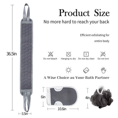 S&R PLKOP Exfoliating Body Scrubber Set - Includes Back Scrubber, Bath Glove and Shower Bath Sponge Loofah - for Women and Men Shower - Deep Clean and Vitalize Your Skin - 3-Pack(36.5*3.7 Inch, Grey)