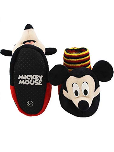 Disney Mickey Mouse Toddler Boys Plush 3D Mickey Head Sock Top Slippers (5-6 M US Toddler, Black/Red)