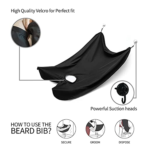 Beard Bib, Beard Apron for Men Shaving and Trimming,Beard Catcher for Shaving, Non-Stick and Waterproof Beard Shaving Cloth with 4pcs Suction Cups and Travel Pouch, Good Gift for Dad/Men(Black)