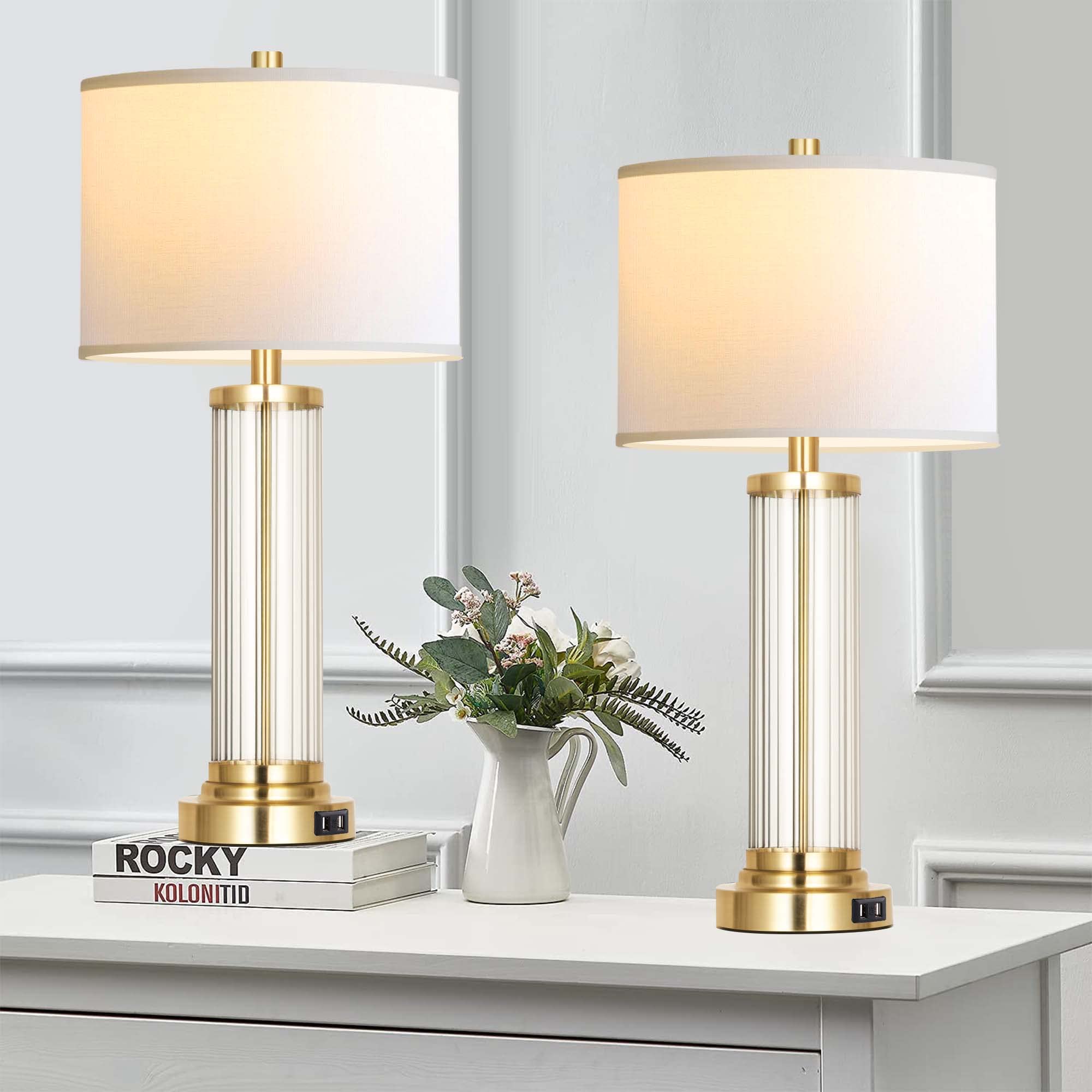 QiMH Touch Control Table Lamp Set of 2 with USB Ports, 3-Way Dimmable Nightstand Lamp with Fabric Cream Shade, Modern Bedside Lamp for Living Room Bedroom Reading, LED Bulbs Included
