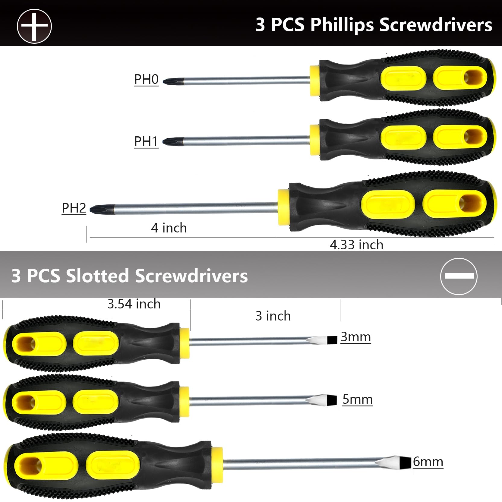 SKZIRI Phillips and Flat Head Screwdriver Set 6Pcs, 3 Phillips and 3 Flat Head Screwdriver with Magnetic Tips
