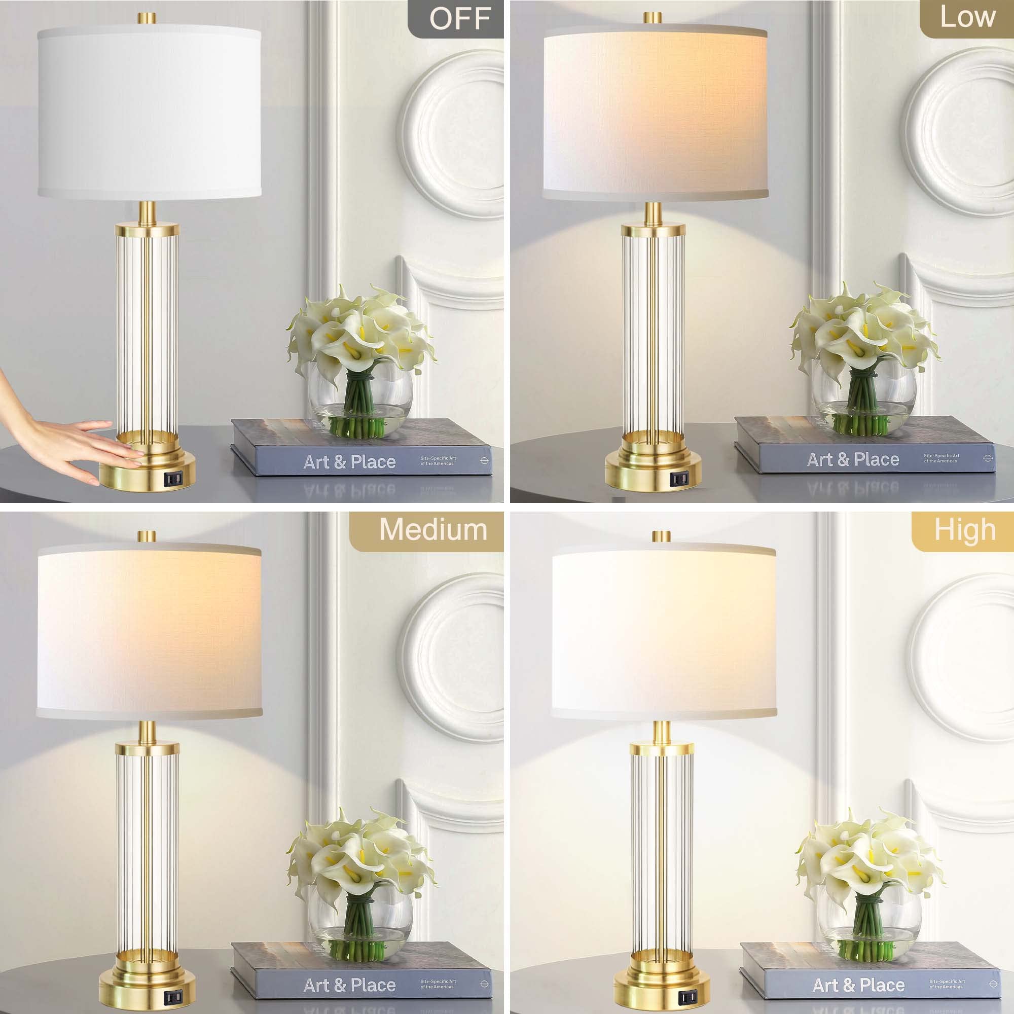 QiMH Touch Control Table Lamp Set of 2 with USB Ports, 3-Way Dimmable Nightstand Lamp with Fabric Cream Shade, Modern Bedside Lamp for Living Room Bedroom Reading, LED Bulbs Included