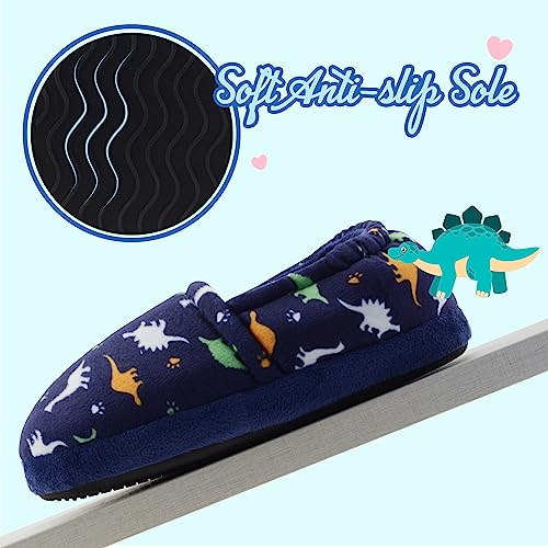 LseLom Dinosaur Slipper for Toddler Boys Little Kid Fuzzy Memory Foam Slip resistant Animal House Slippers US 2 Big Kid Blue