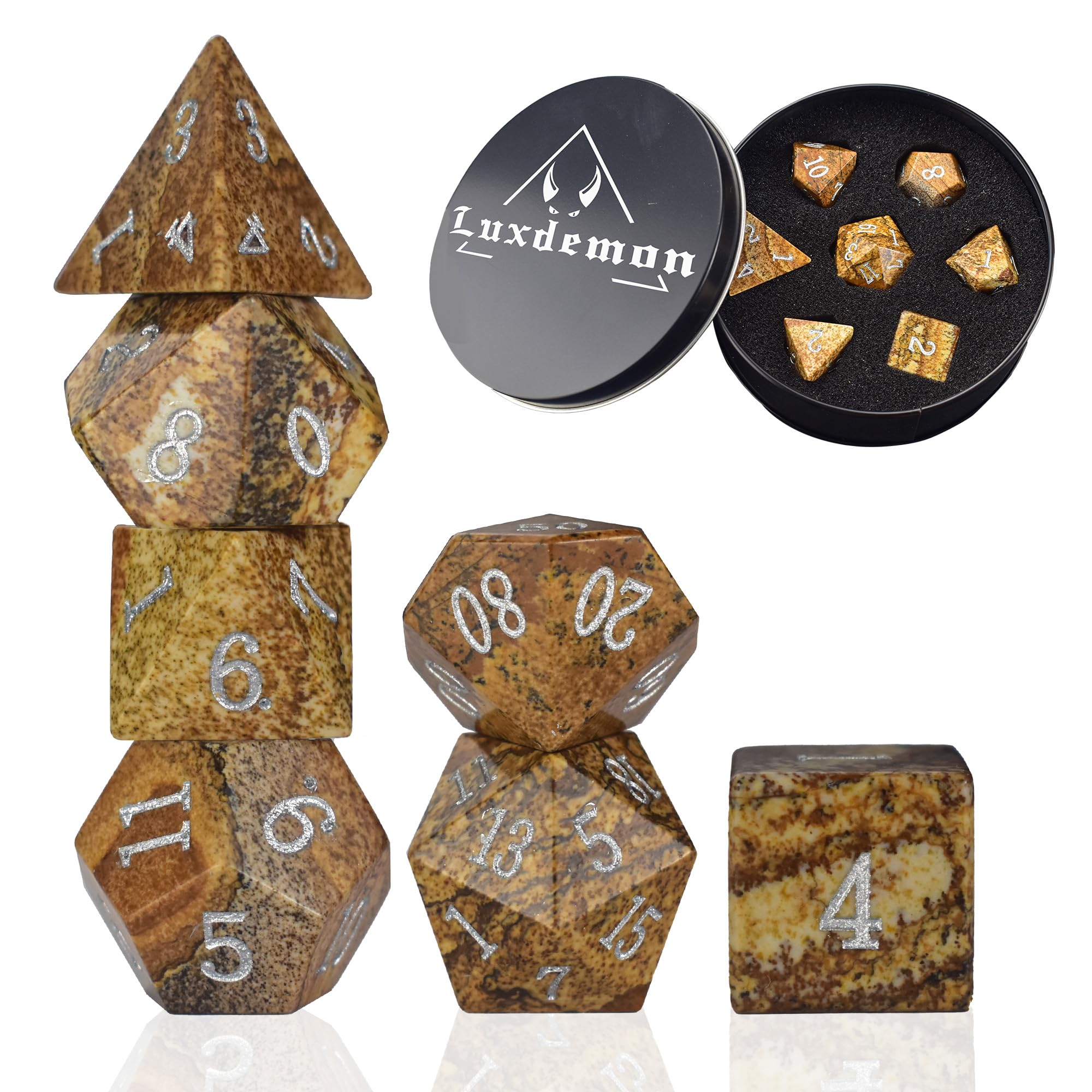 Luxdemon Picture Gemstone DND Dice Set,7PCS Real Gem Dice for Dungeons and Dragons,Polyhedral Dice Set with Gift,MTG Game Dice