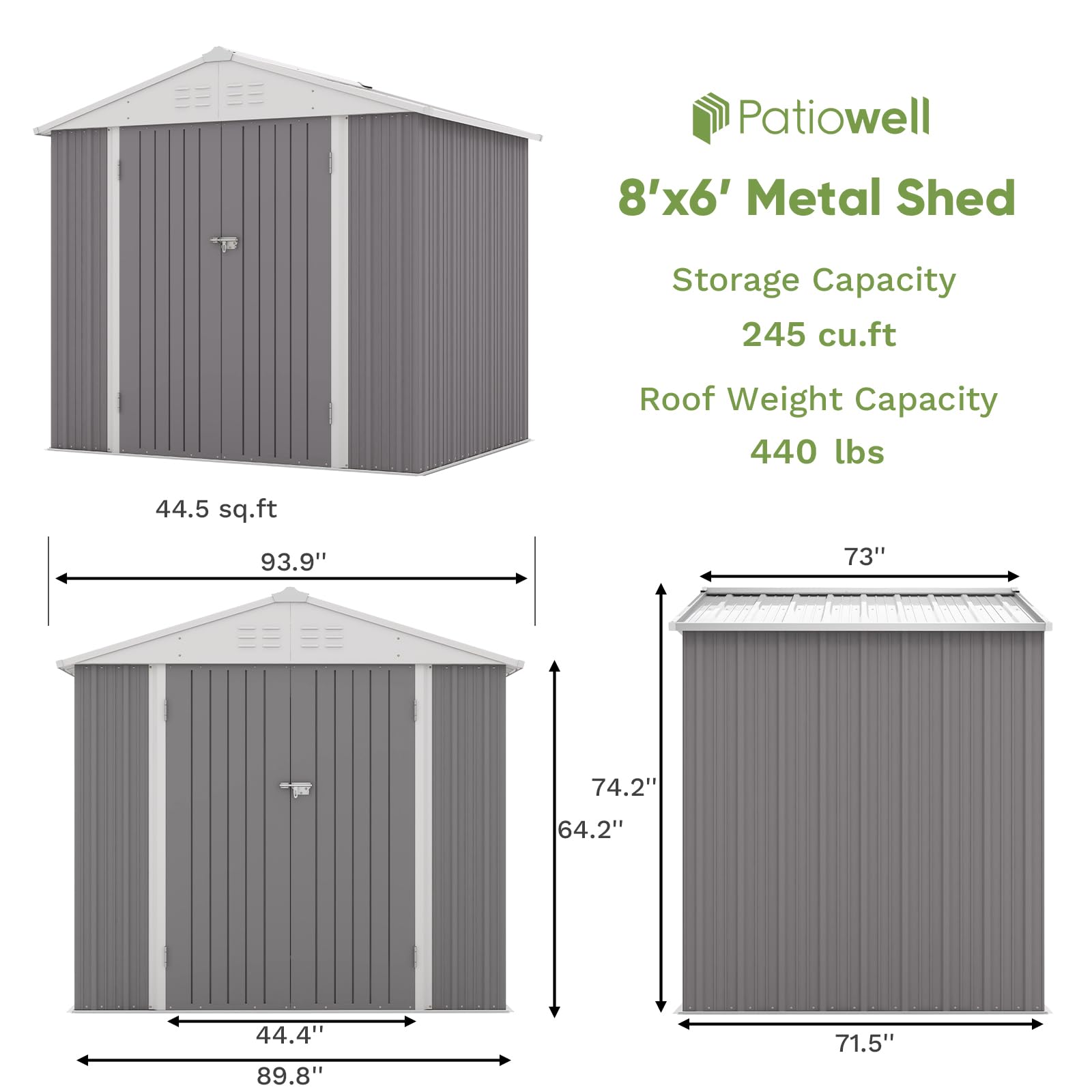 Patiowell 8x6 FT Outdoor Storage Shed, Metal Tool shed & Outdoor Storage with Lockable Doors & Air Vents, for Backyard Garden Patio, Gray
