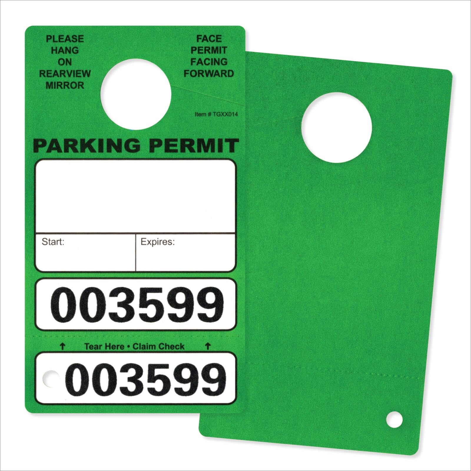 500 Green Parking Permit Hang Tags for Car Rear View Mirror, with Vehicle Claim Check. Parking Pass with Perforated Cardstock Key Tag. Printed in Black with Bold Black Numbers on Durable Card Stock