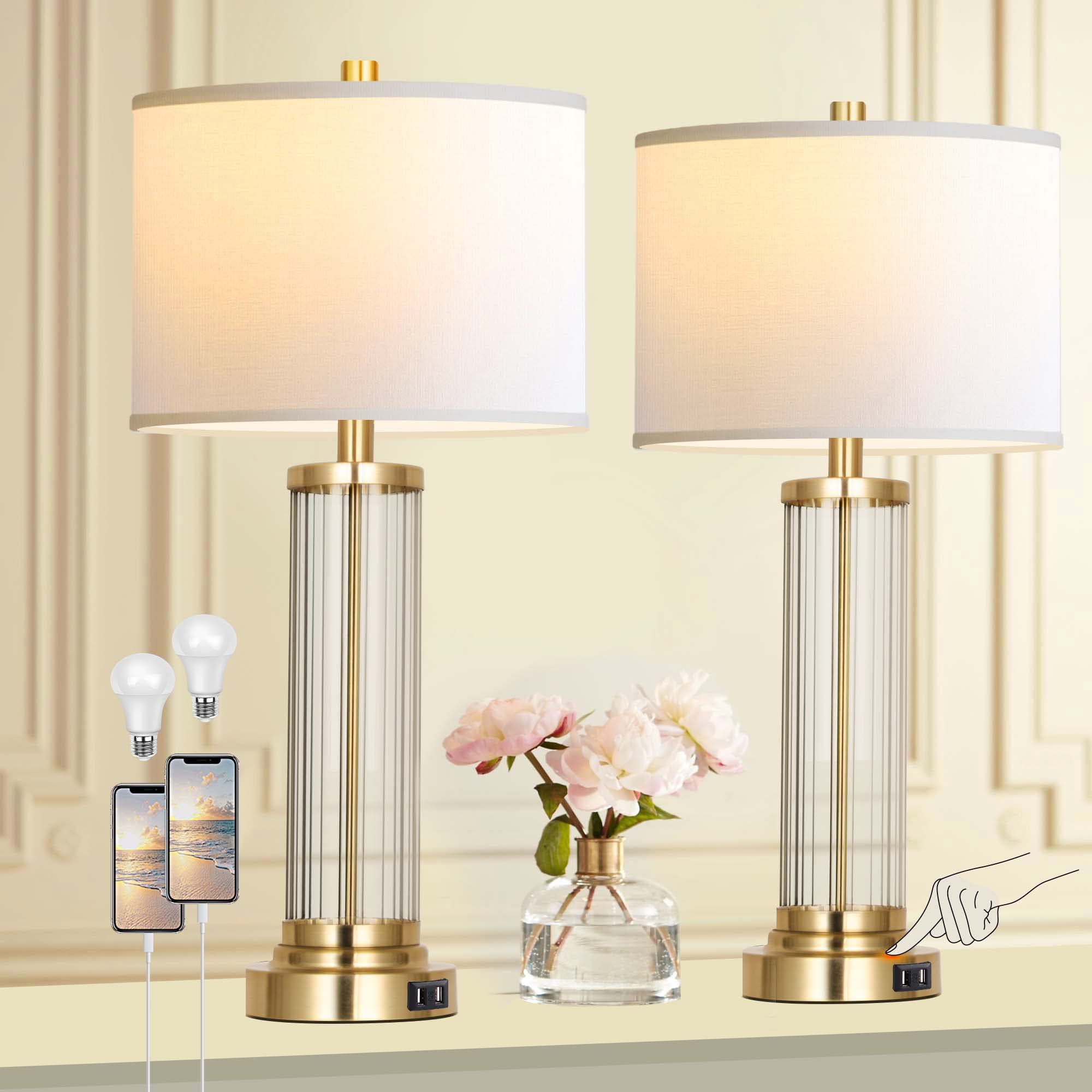 QiMH Touch Control Table Lamp Set of 2 with USB Ports, 3-Way Dimmable Nightstand Lamp with Fabric Cream Shade, Modern Bedside Lamp for Living Room Bedroom Reading, LED Bulbs Included