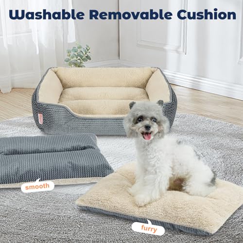 Miguel Dog Bed with Removable Cushion/Pillow for Medium Small Dogs, Washable Pet Bed with Side Easy to Wash Puppy Bed, Large Rectangle Cat Bed for Indoor Cat with Anti-Slip Bottom, Gray 30 Inch