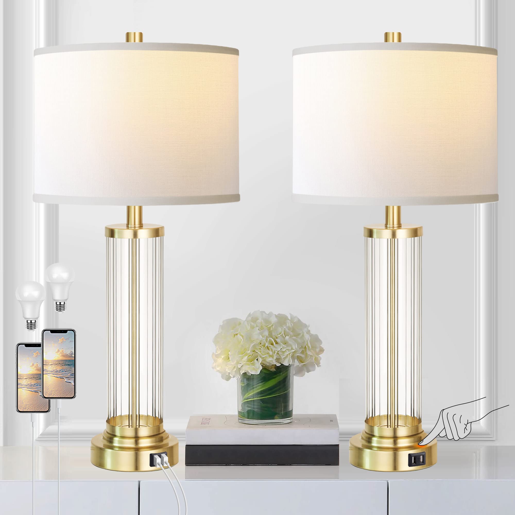 QiMH Touch Control Table Lamp Set of 2 with USB Ports, 3-Way Dimmable Nightstand Lamp with Fabric Cream Shade, Modern Bedside Lamp for Living Room Bedroom Reading, LED Bulbs Included