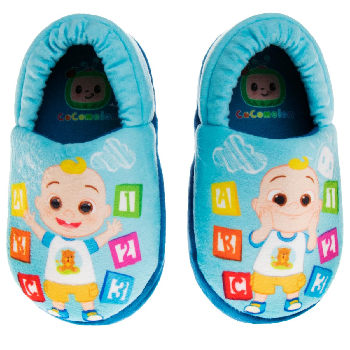 Josmo Cocomelon Toddler slippers - house shoes for boys girls warm plush bed moccasins slippers cocomelon shoes Blue (7-8 Toddler)